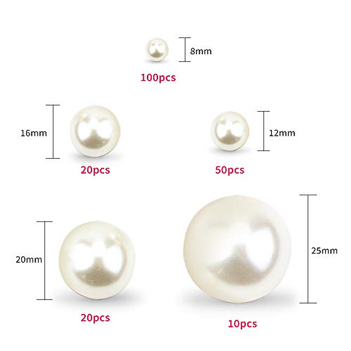 Owevvin 200 Pieces Ivory Pearl Beads No Holes Plastic Pearl for Vase Filler, Jewelry Making, Table Scatter, Crafts, Wedding Birthday Party Decoration (8mm, 12mm, 16mm, 20mm, 25mm)