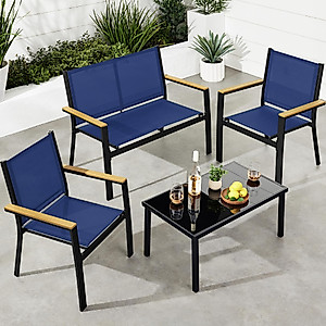 Best Choice Products 4-Piece Outdoor Textilene Patio Conversation Set, Backyard Furniture w/Loveseat, Coffee Table, Steel Frame - Black/Navy