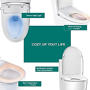 AQUATIZ Elongated Smart Toilet Bidet, Electric Toilet Seat with Self-Cleaning Nozzle, Adjustable Warm Water, Deodorizer, Air Dryer, LED Night light (Remote Control)