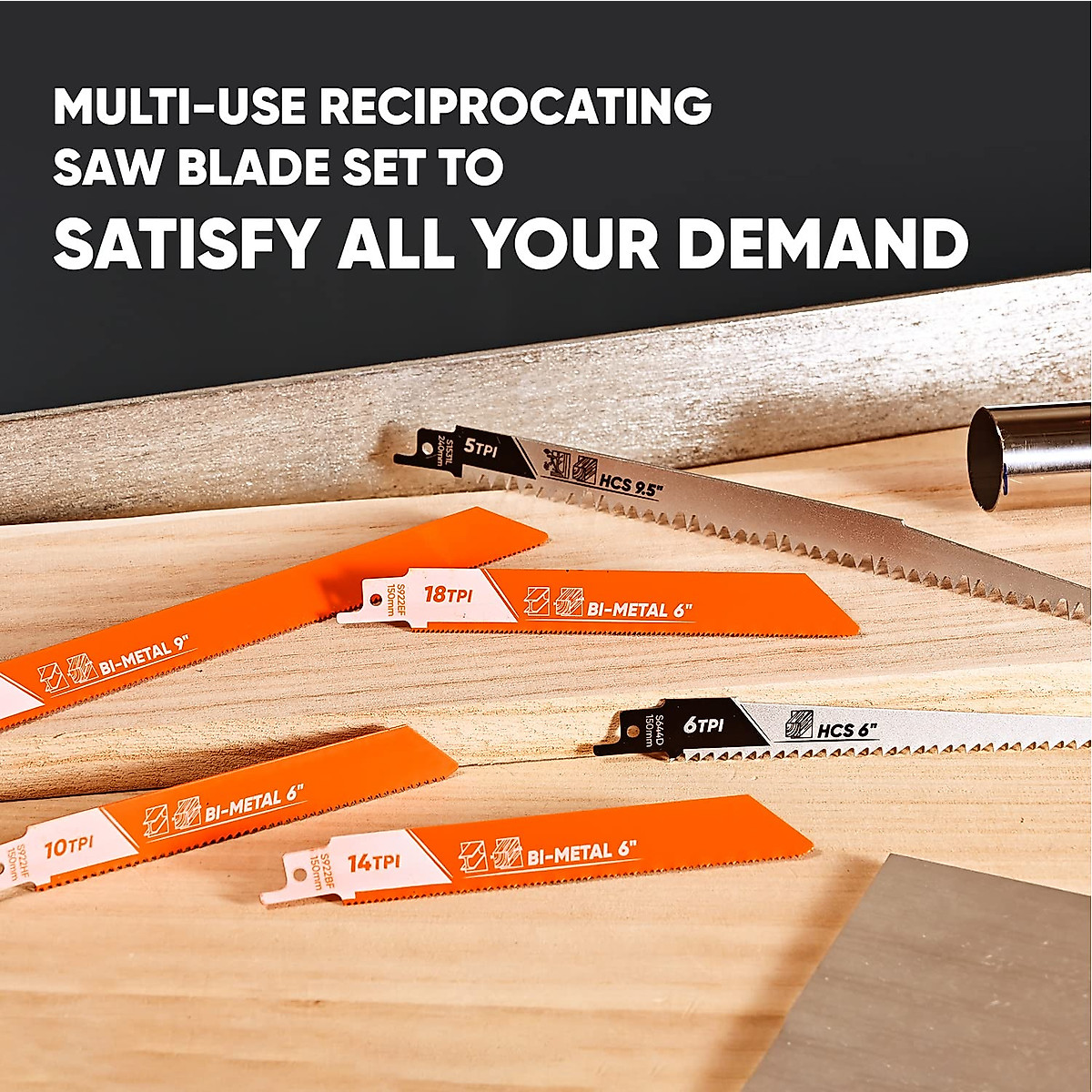 amoolo Reciprocating Saw Blades Set 15pcs, Sawzall Blades for Wood and Metal Cutting, Multi-Purpose Pruning Saw Blades Set