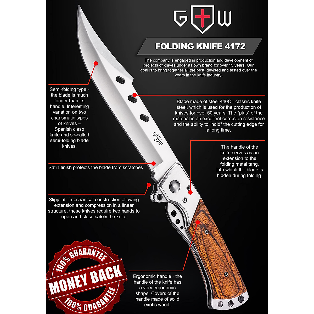 Bundle of 2 items - Grand Way Hunting Folding Knife with Rosewood Handle - Black Pocket Knife - Serrated Sharp 3,5" Blade Folding Knives - EDC Pocket Knife - Foldable Long Blade- Birthday Gifts