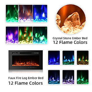 EROMMY 70'' Fireplace TV Stand with 36'' Electric Fireplace, Entertainment Center with 16 Color Led Lights and 12 Flame Fireplace Insert Heater, TV Console for TVs up to 80'' for Living Room, Black