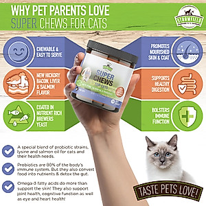 Strawfield Pets Super Chews for Cats - Lysine, Probiotics, Omega 3 Fish Oil (Salmon Oil), Catnip - Supports Immune, Gut, Skin & Joint Health - 120 Hickory Bacon Salmon & Liver Flavored Softchews