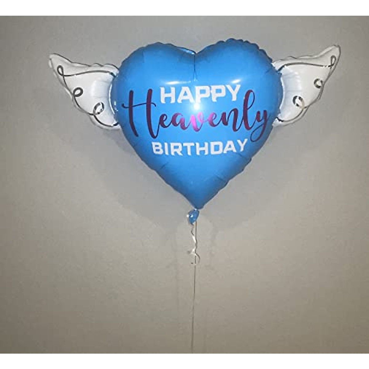 Happy Heavenly Birthday blue/purple heart shaped balloon with angel wings