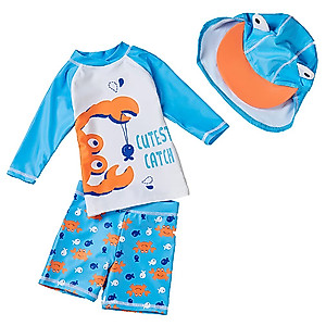SGMWVB Baby and Toddler Boys' 3-Piece Swimsuit Set Bathing Suit with Hat Crab(9-18 Months)