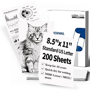 US Letter Thermal Paper - 8.5” x 11” Quick-Dry Letter Paper, Compatible with Phomemo M08F-Letter M832 M831 M833 M834 M835 Q301 Q302 & Brother-Letter Thermal Printer for Documents Contracts, 200 Sheets