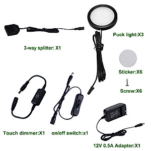 AIBOO Under Cabinet LED Black Cover Puck Lighting Kit with Touch Dimmer Switch for Kitchen Cupboard Closet Lighting (3 Lights,Warm White)