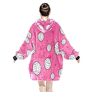 Volleyball on Pink Sherpa Wearable Blanket Cozy Fleece Hoodie with Large Pocket for Women Mom Adults