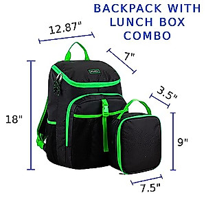 FUEL Top Loader Backpack with Lunch Box Combo – 18” Two Compartment Water Resistant Durable Adjustable Straps with Side Water Bottle Pockets 2 in 1 Set – Black