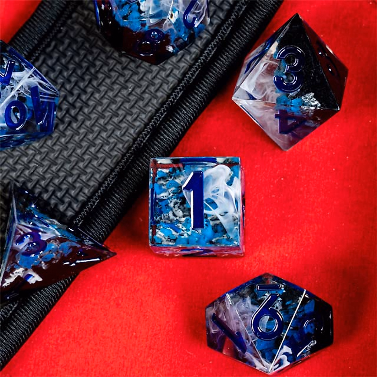 Glow in The Dark Winter Storm Sharp DND Dice Set with Leather Dice Box - for Dungeons and Dragons, D&D, Sharp Edge, D20 Polyhedral Resin Dice, Dungeons and Dragons Gifts, Accessories