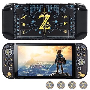 DLseego Switch OLED Protective Case Dockable Hard Shell Black Shockproof Cover Joy Con Skin with 4PCS Thumb Grips Caps Design for Switch OLED New Model