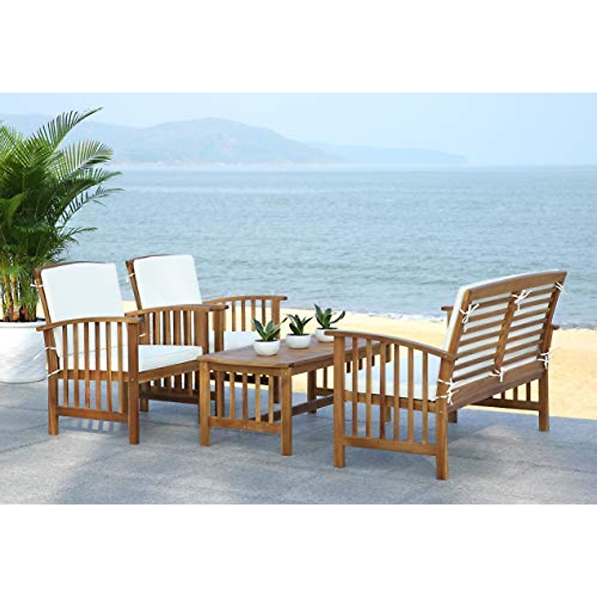 SAFAVIEH Outdoor Collection Rocklin Natural/ Beige 4-Piece Conversation Patio Set with Cushions