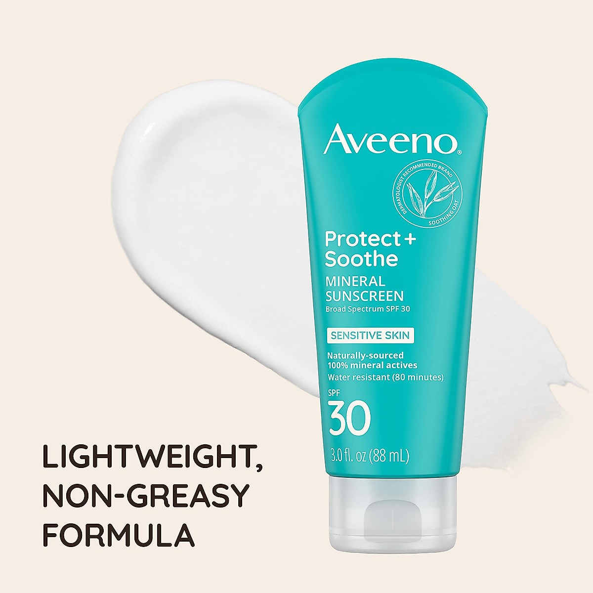 Aveeno Protect + Soothe Mineral Sunscreen Lotion with Broad Spectrum SPF 30, Quick Drying and Water-Resistant UVA/UVB Protection for Sensitive Skin, Fragrance-Free, 3.0 fl. oz