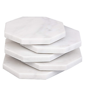 D'Eco White Carrara Marble Coasters & Rose Gold Coaster Holder (Set of 5)- Durable, Thick Coasters - Protects Any Table Type & Fits Any Coffee Mug, Drinking Glass, Barware- Holiday Idea