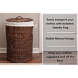 BirdRock Home Abaca Laundry Hamper with Liner - Round Clothes Bin with Lid - Organize Laundry - Cut-Out Handles for Easy Transport - Includes Machine Washable Canvas Liner (Espresso)