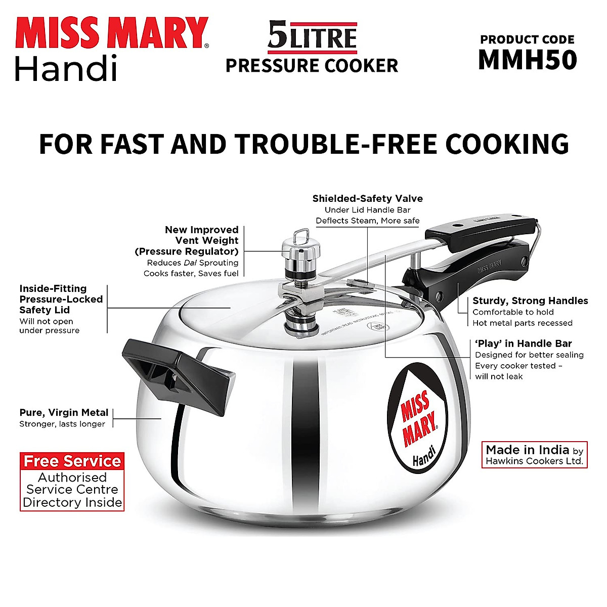 Hawkins 5 Litre Miss Mary Handi Pressure Cooker, Inner Lid Cooker, Silver (MMH50)