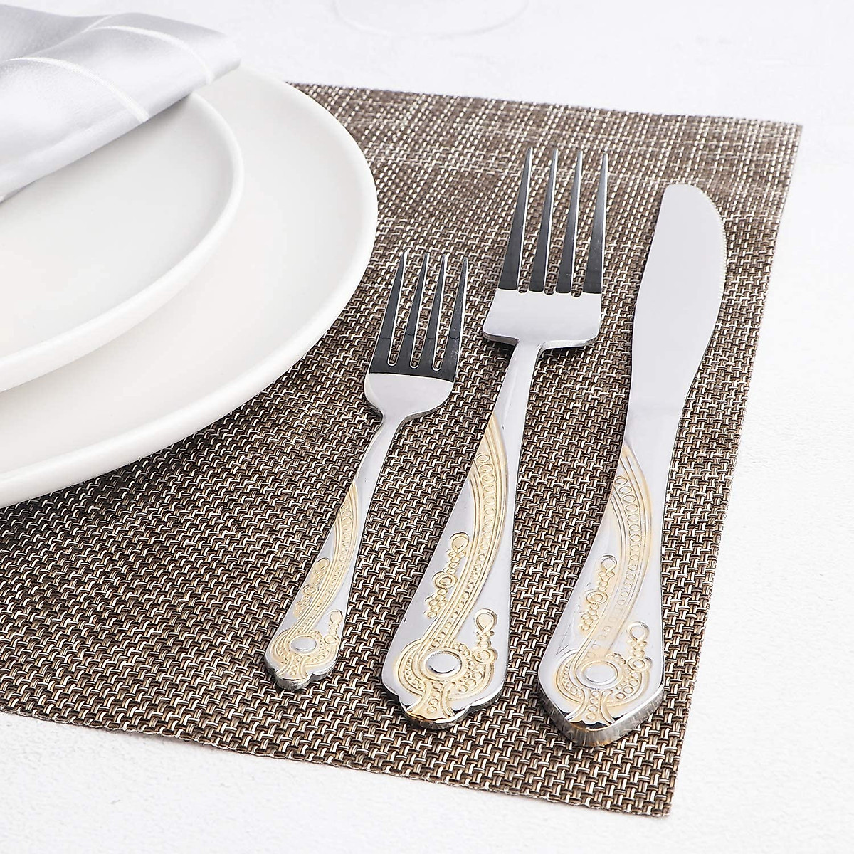 Gold Silverware Set, 20 Piece Stainless Steel Golden Flatware Set for 4, Silver Tableware Set with 24K Gold-Plated Trim, Eating Utensils, Great for Family Gatherings & Daily Use(Prestige)