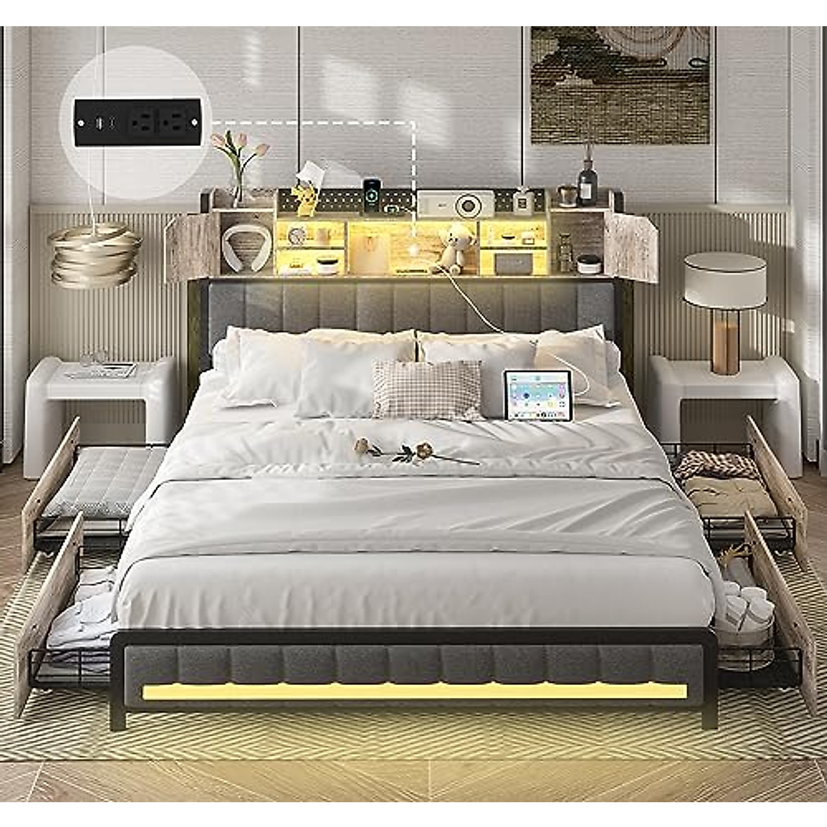 Full Size Bed Frame with Bookcase Headboard & Storage Drawers, Bed Frame Full Size with LED Lights & Charging Station, Heavy Duty Metal Bed Frame for Kids Adults, No Box Spring Needed, Charcoal Gray
