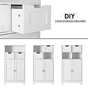 URKNO Bathroom Storage Cabinet, Wood Floor Cabinet with Drawers and Doors, Corner Freestanding Cabinet for Home Office, White