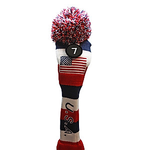 USA Majek Golf Driver 1 3 5 7 9 Fairway Woods Headcovers Pom Pom Knit Limited Edition Vintage Classic Traditional Flag Stars Red White Blue Stripes Retro Head Cover Fits 460cc Drivers and 260cc Woods