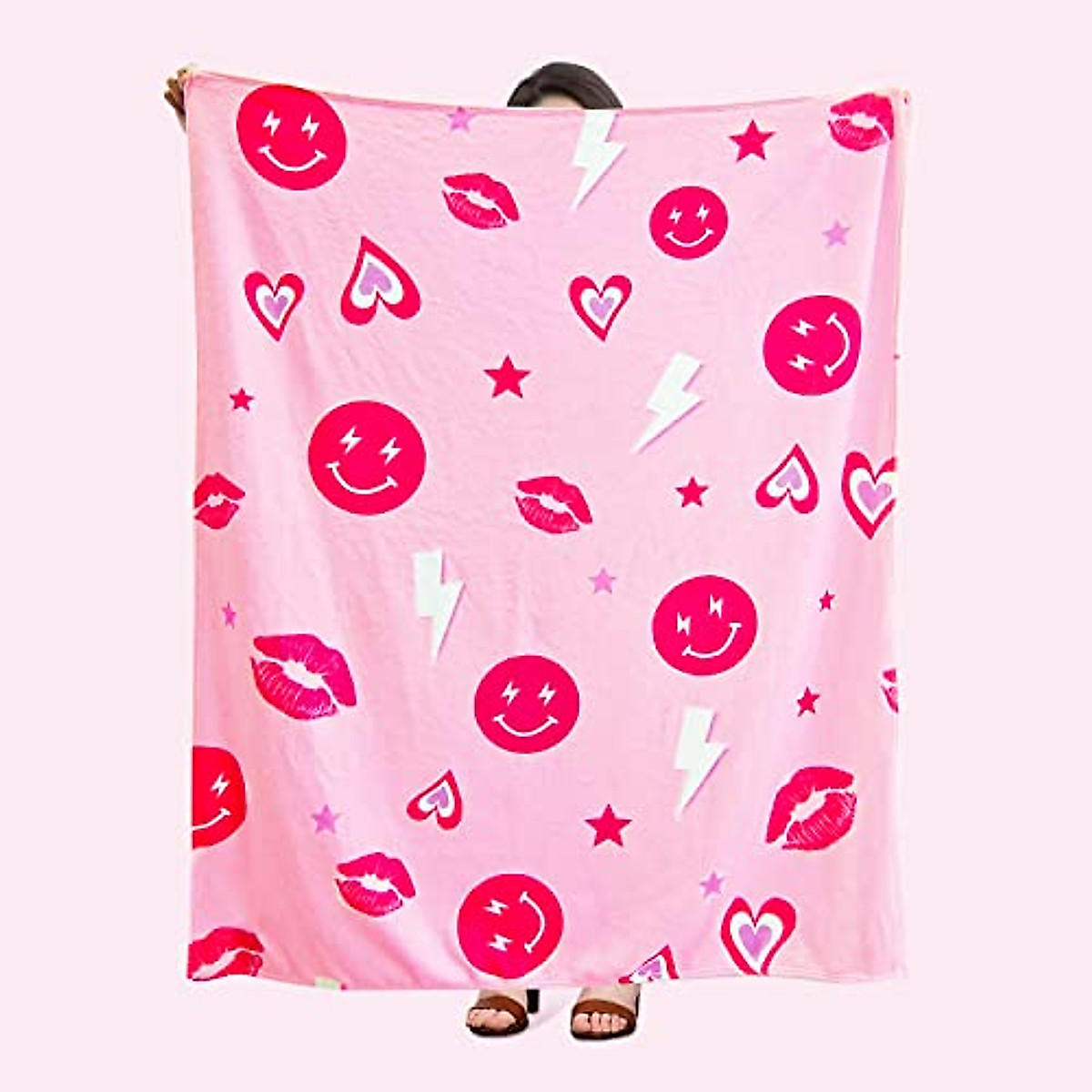 Pink Smile Face Preppy Throw Blanket Super Soft Lightweight Cute Flanne Plush Cozy Fuzzy Preppy Blanket Warm Bedding Stuff Room Decor for Home Dormitory Couch Bed Sofa 50 x 60 Inch