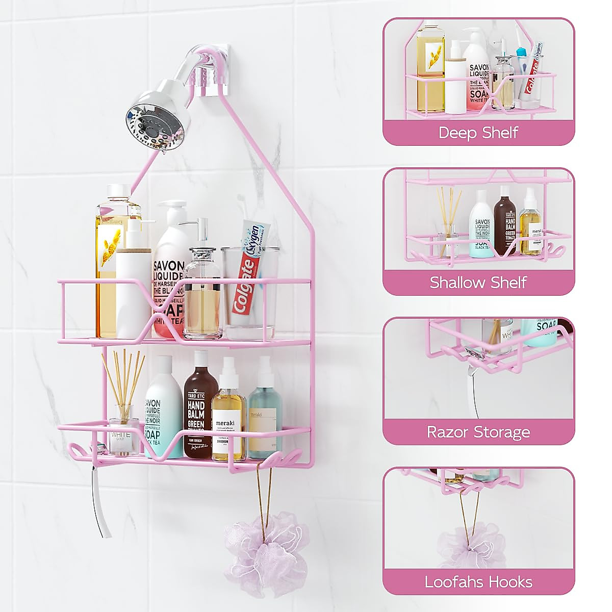 TreeLen Pink Shower Caddy Over Shower Head, Pink Bathroom Accessories, Gift for Girlfriend, Wife, Little Girl