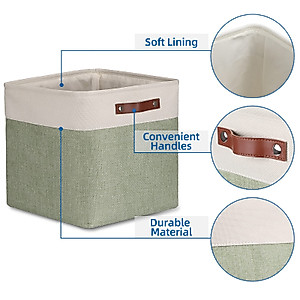 Temary Cube Storage Baskets for Shelves 10pack Fabric Storage Basket for Organizing Toys, Clothes, Storage Cubes with Leather Handles, Closet Baskets Nursery Home (White&Green)