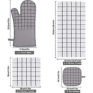 Oven Mitts and Kitchen Towels and Dishcloths Sets, 500 Degree Heat Resistant Kitchen Mitts and Pot Holders, Kitchen Washcloth Towel Set, Pure Cotton Kitchen Hand Towels Sets Hanging Loop 10PCS Gray