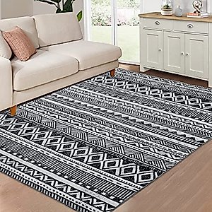 RUGSREAL Boho Moroccan Area Rug 5' x 7' Machine Washable Modern Diamond Carpet Rug Distressed Bohemian Foldable Accent Rug Coffee Table Rug Farmhouse Dining Table Rug Office Bedroom Decor, Black