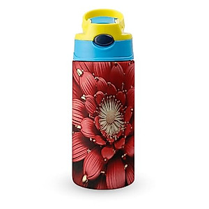 Stainless Steel Water Bottles Red Gold Flower Travel Water Cups with Handle And Silicone Straw Drinking Cup with Leak Proof Lid Thermo Travel Mug for Women Men