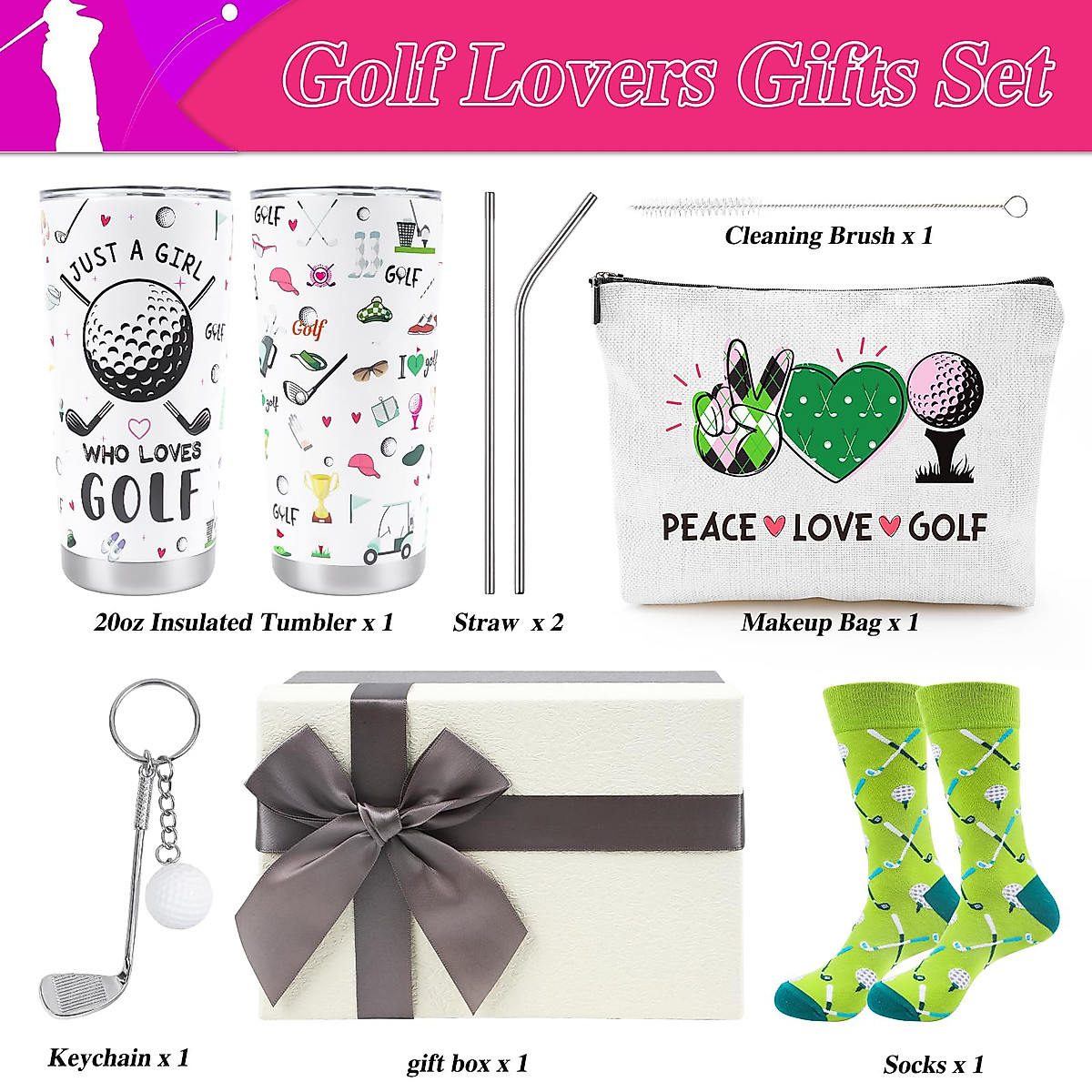 Keluna Golf Gifts for Women Golfers - 4Pcs Womens Golfing Accessories Gifts Set, 20oz Golf Tumbler Funny Golfer Socks Keychain Makeup Bag for Lady Girls Golfing Party Favors Birthday