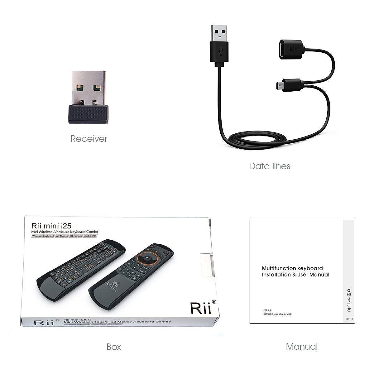 Rii Mini K25 Multifunction Portable 3 in 1 2.4GHz Wireless Fly Mouse Keyboard and Remote Control with Rechargeable Li-ion Battery for PC, Laptops, Linux, Android Tv Boxs, Windows, Windows, IPTV