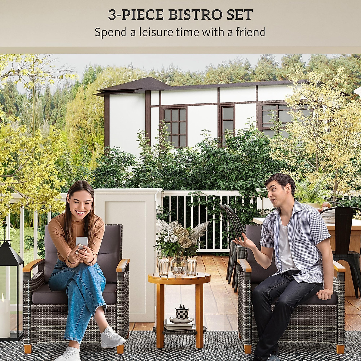 Outsunny 3 Pieces Wicker Outdoor Bistro Set, Rattan Patio Furniture Set with Acacia Wood Coffee Table and Porch Chairs for Backyard, Balcony, Garden, Gray