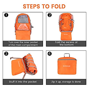 ZOMAKE Packable Hiking Backpack Water Resistant,40L Lightweight Daypack Foldable Backpack for Travel (Orange)