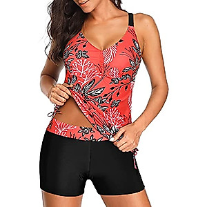 Tempt Me Two Piece Tankini Swimsuits for Women Tummy Control Bathing Suit with Shorts Athletic Swimwear Coral XL