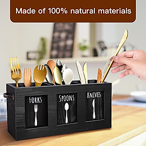 MINCORD Wood Flatware Organizer, Rustic Utensil & Silverware Holder for Forks, Spoons, Knives, Farmhouse Kitchen Cutlery Caddy Bin Countertop - Black