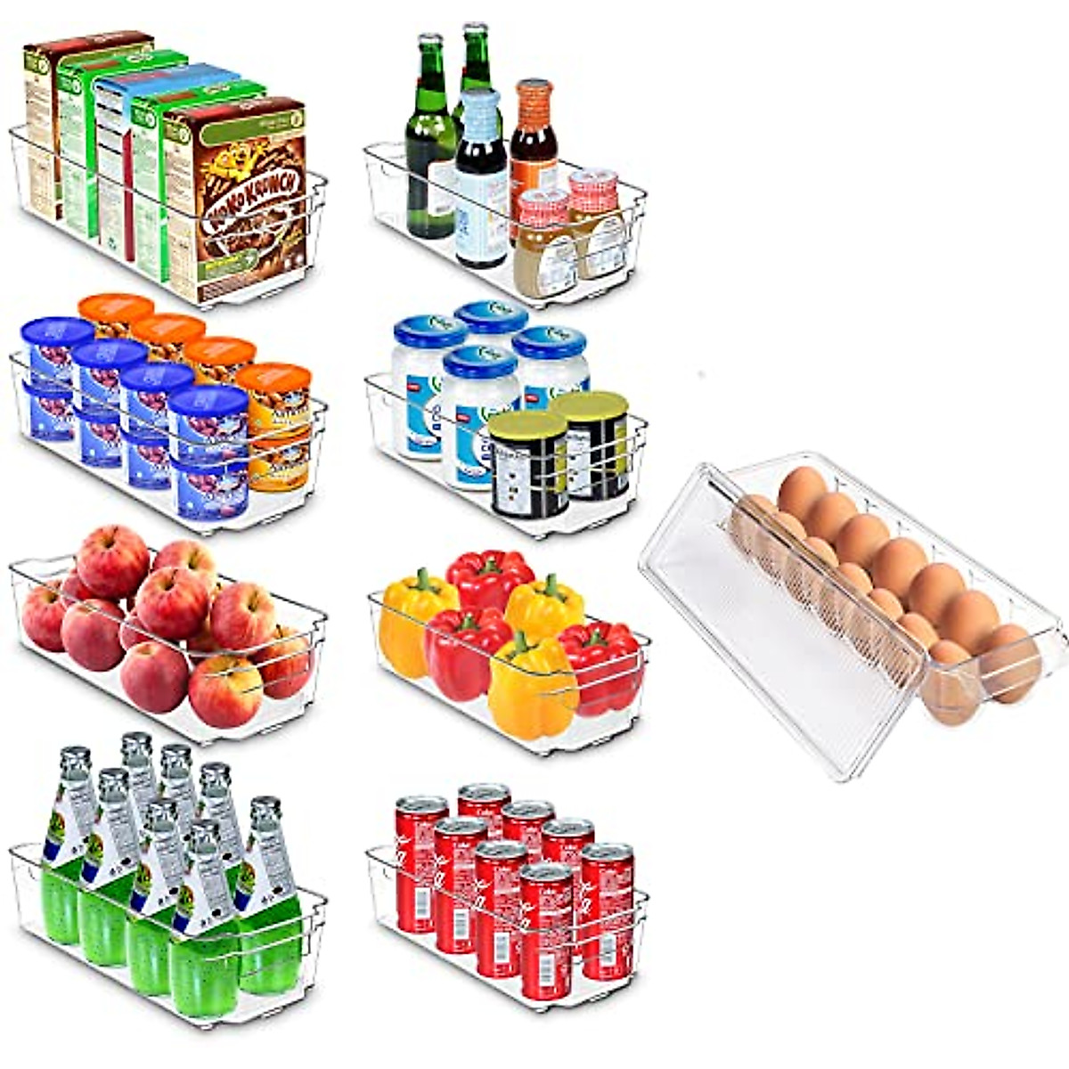Utopia Home Bundle Pack of 9 Refrigerator Organizers- 1 x 14 slots Egg tray with lid and handle, & 8 drawers (4 x Small & 4 x Large)- Stackable Plastic Storage Racks for Pantry, Kitchen - (Clear)