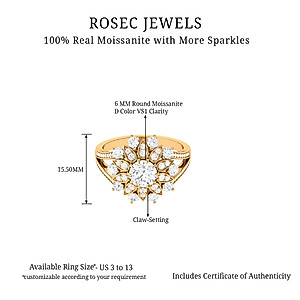Rosec Jewels Certified Moissanite Diamond Flower Engagement Ring, 6 mm Round Shape Moissanite Floral Ring, D-Vs1 Quality, Ready to Gift, 14K Yellow Gold, Size:US 8.50