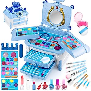 Kids Makeup Kit for Girl, Babbyo Upgrade 50 pcs Kids Make up Kit, Safety Tested Real Washable Make Up Toy Set with Portable Box, Prentent Play Make Up for Girls Birthday Present Toys