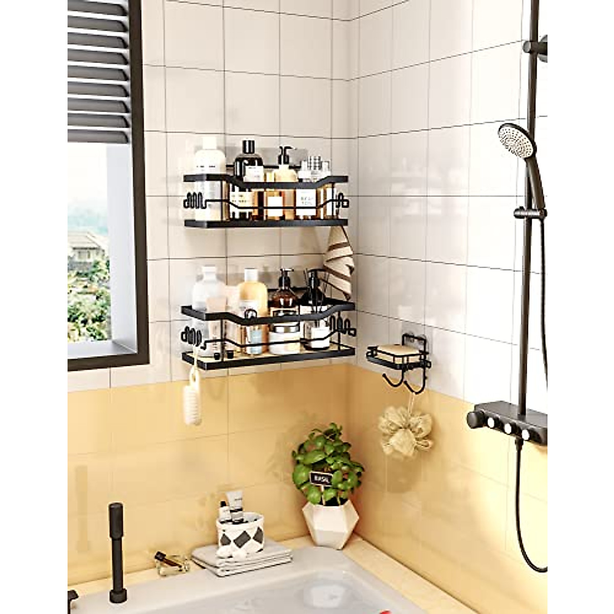 SWTYMIKI Shower Caddy Over Shower Head, 3 Tier Rustproof Hanging Shower Organizer with 16 Hooks & Dual Soap Holder, Large Capacity Shower Rack over the Shower Head for Bathroom Shower Room, Bronze