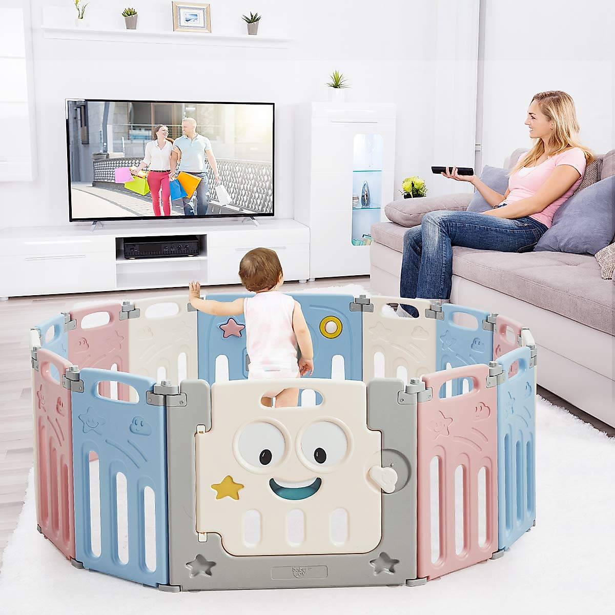 HONEY JOY Baby Play Yards, 14 Panel Foldable Baby Playpen, Anti-Slip Base & Lockable Safety Gate, Indoor Large Baby Fence Play Area for Babies and Toddlers (Multicolor, 14 Panel)