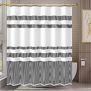 AmazerBath Shower Curtain, Striped Black Fabric Shower Curtain Set with 12 Shower Curtain Hooks, Rustic Cloth Black and White Shower Curtain, Cute Farmhouse Bathroom Shower Curtain Sets, 72x72 Inches