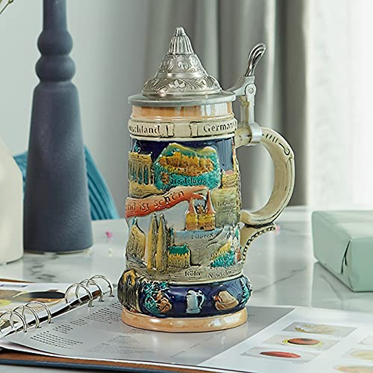 HAUCOZE Beer Stein Mug German Landmark Stanley Drinking Mug with Lid for Man 0.6 Liter