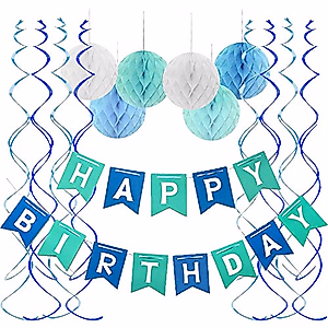 Fecedy Blue Happy Birthday Banner Honeycomb balls Swirls Streamers for Birthday Party Decorations