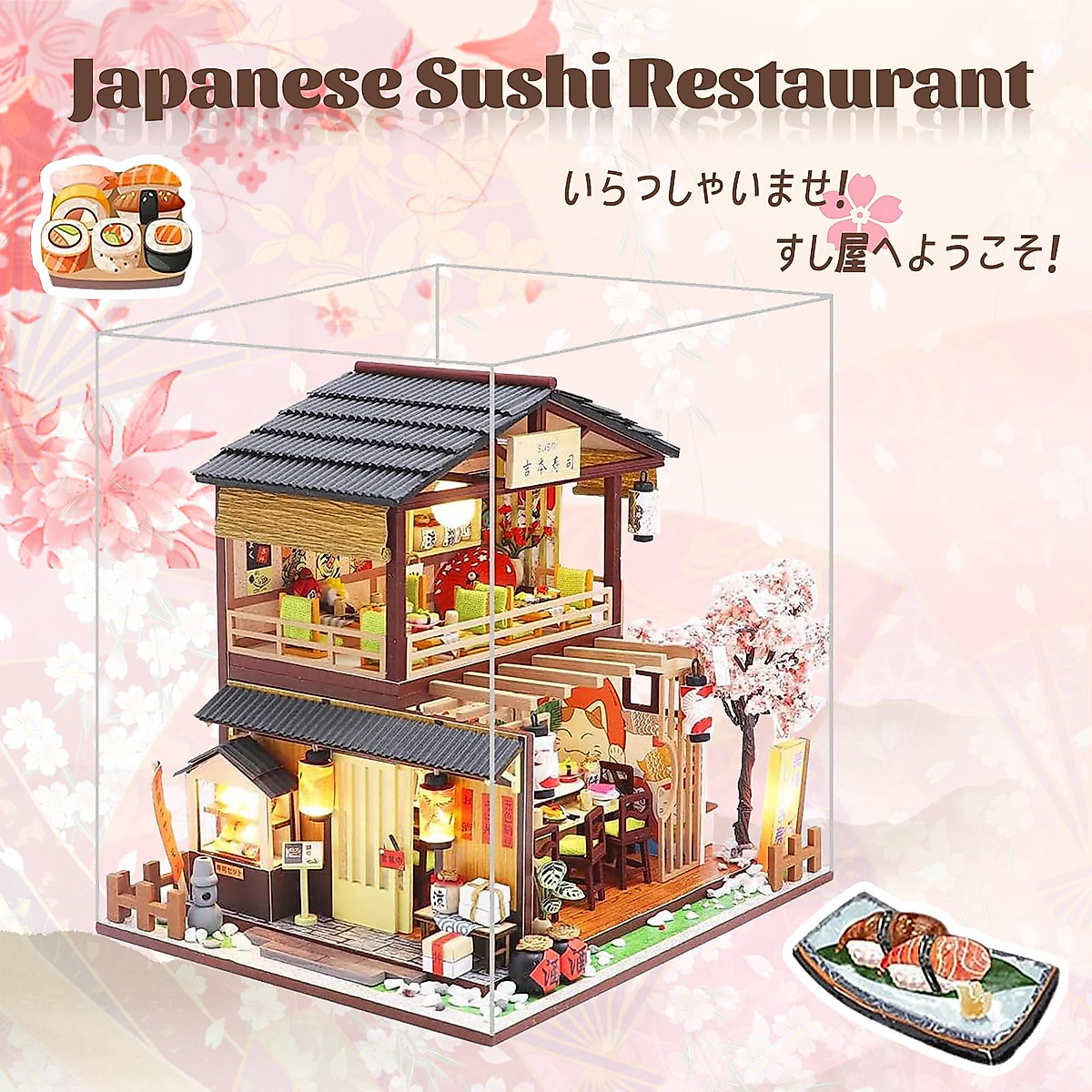 DIY Miniature Dollhouse Kit, Japanese Tiny House Model with Music Box, LED Light, Dust Proof Cover, 3D Wooden Puzzle for Adults, Creative Handmade Crafts Home Decor Hobby Birthday Gift (Sushi Shop)