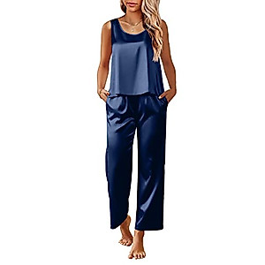 Ekouaer Pyjamas for Women Satin Sleepwear Two Piece Pajamas Silk Pjs Tank Top and Loose Pant Set Nightwear Navy Blue