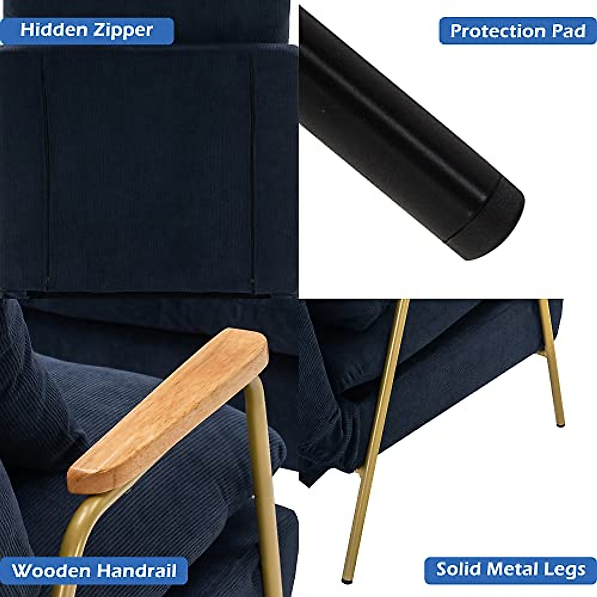 MCombo Accent Recliner Chair with Ottoman, Modern Fabric Armchair, Upholstered Sofa Bed for Living Room Bedroom, Small Space 4055 (Golden Frame, Dark Blue)