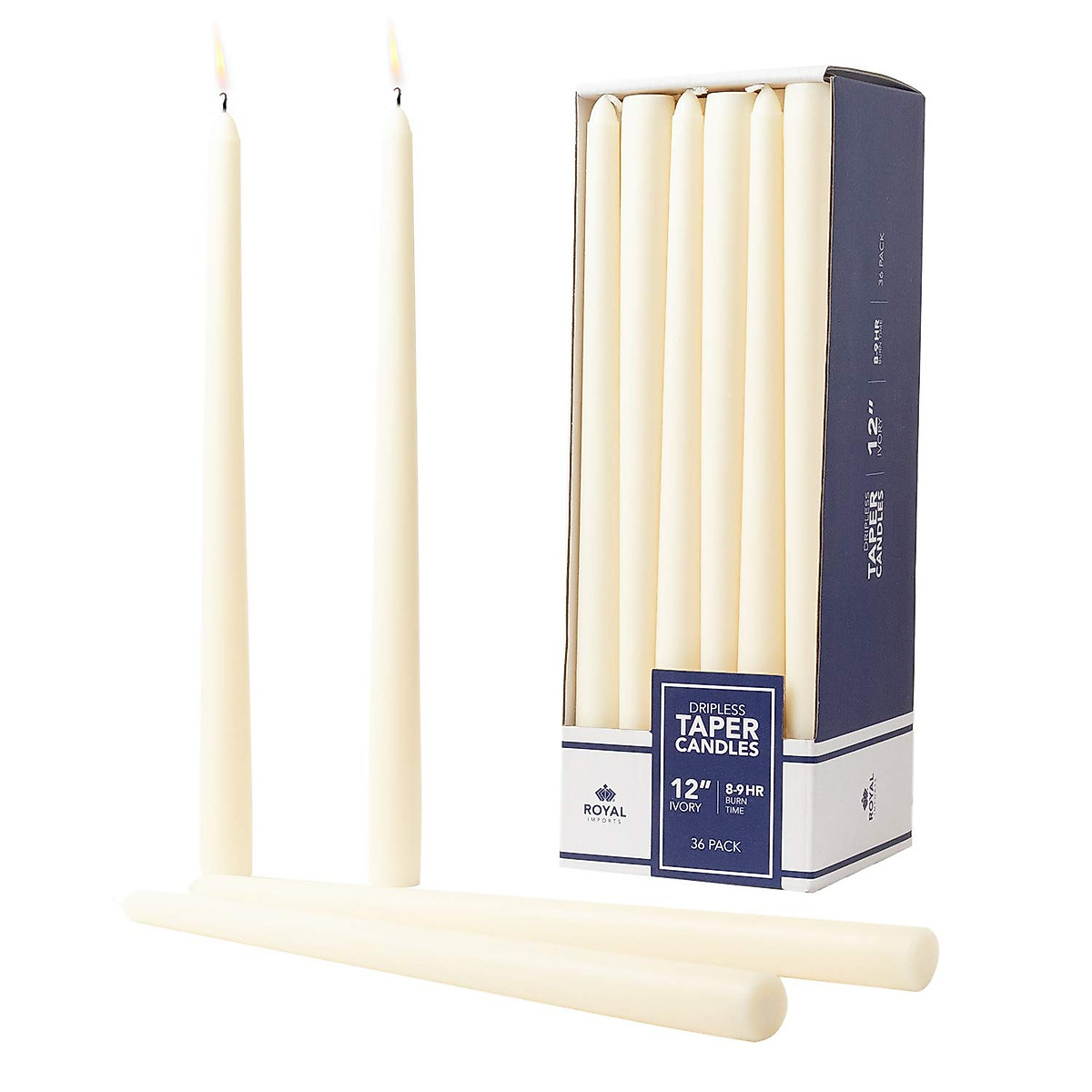 Royal Imports Unscented Taper Candles, Elegant Premium Quality, Dripless & Smokeless, Hand-Dipped Dinner Candles for Wedding, Holiday, Home Decor - 9 Hour Burn Time - Set of 36 (12 Inch, Ivory)