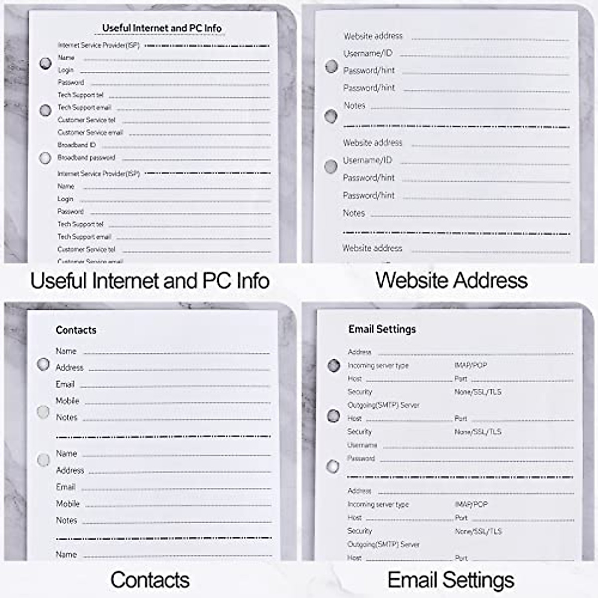 Password Address Book Refill Pages for 6-Ring Refillable Binder Password Address Notebook Replacement Page with 6 Holes 3.9″x 6.7″