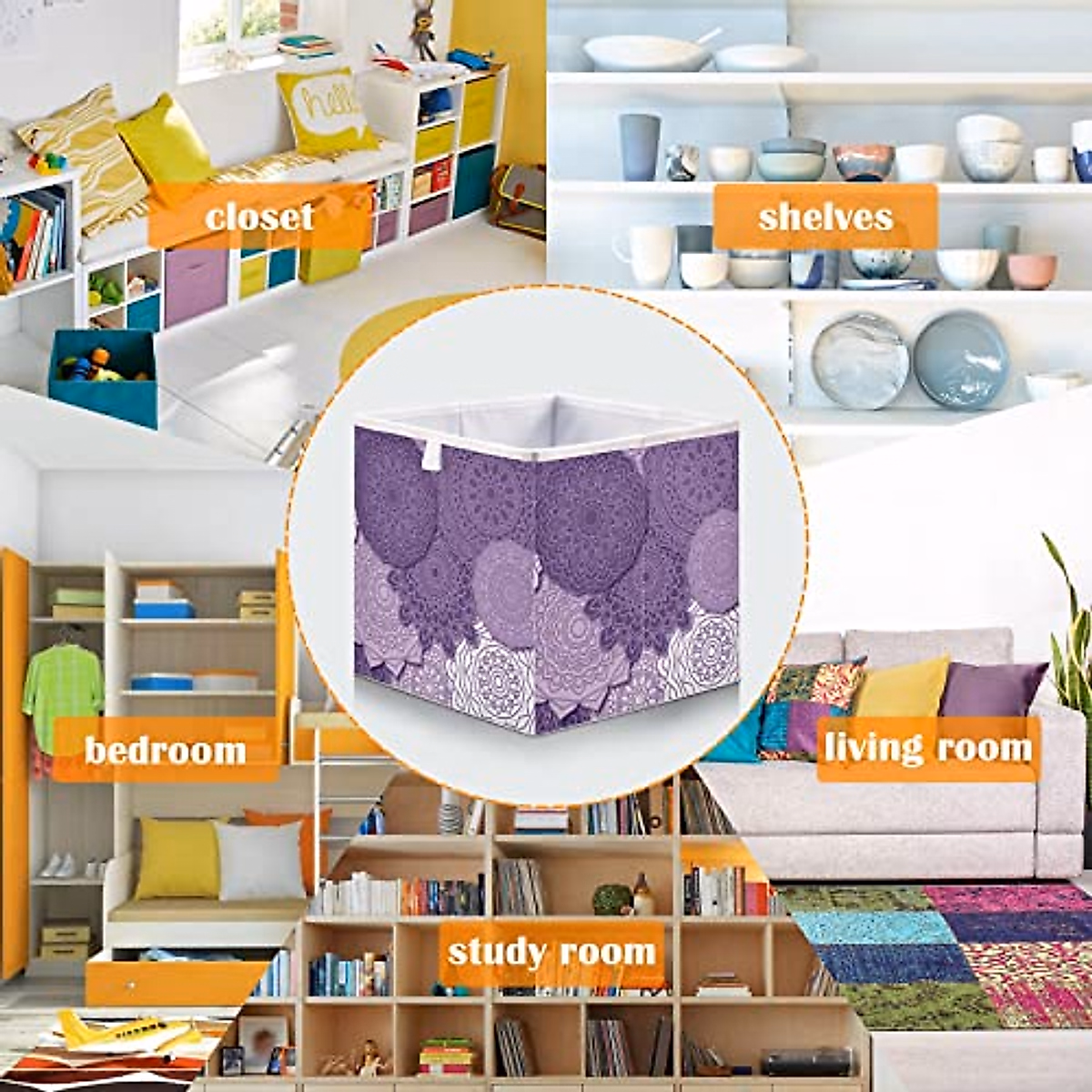 WELLDAY Storage Basket Purple Mandala Boho Foldable 11 x 11 x 11 In Cube Storage Bin Home Decor Organizer Storage Baskets Box for Toys, Books, Shelves, Closet, Laundry, Nursery